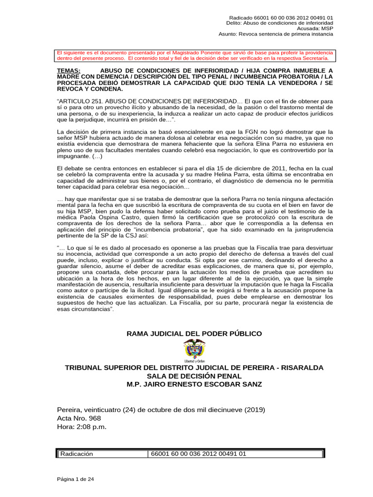 Abuso de Condiciones de Inferioridad. Incumbencia Probatoria. Acusada ...