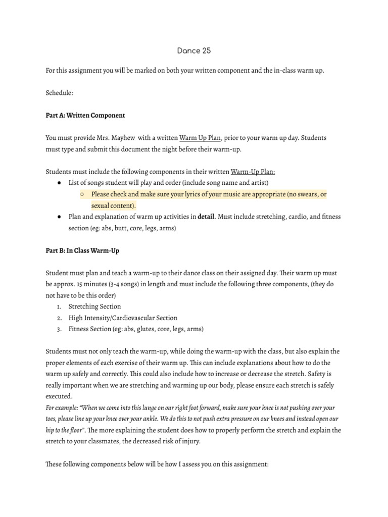 Dance Warm-Up Plan Assignment Guide | PDF