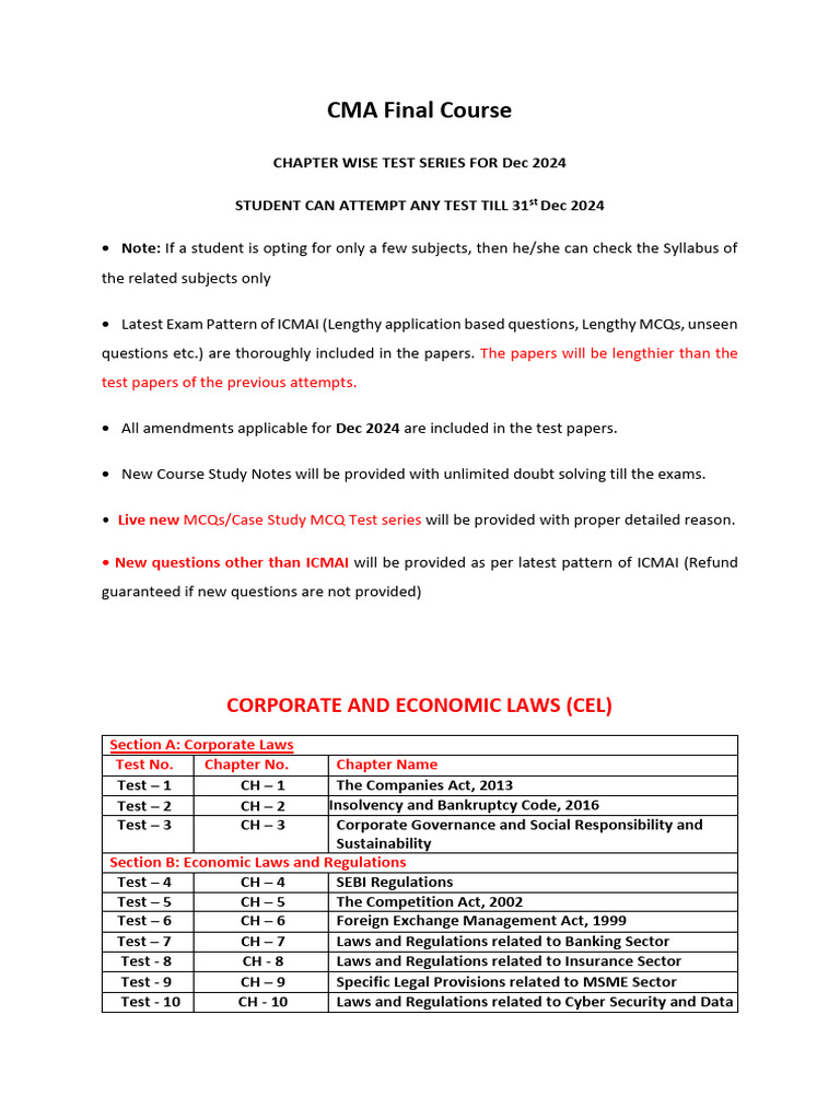 CMA Final Chapter Wise Test Series 2024 | PDF | Audit | Valuation (Finance)