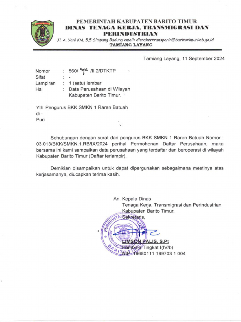 Surat Dinas Ke BKK SMKN 1 RAREN BATUAH | PDF
