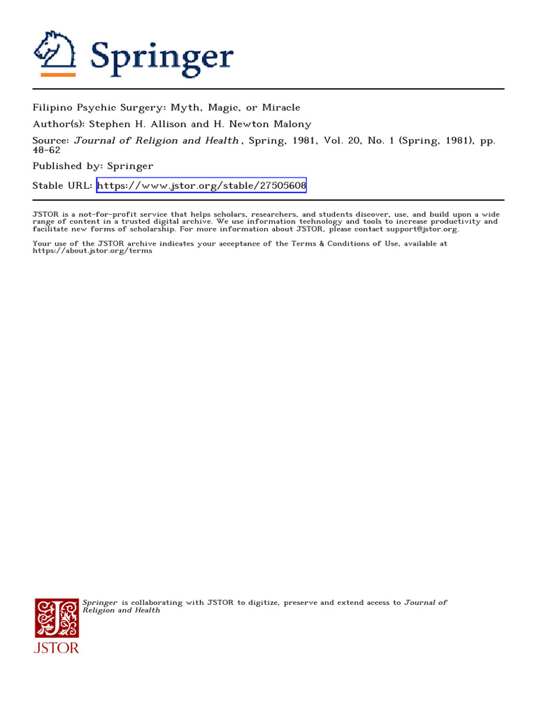 Allison FilipinoPsychicSurgery 1981 | PDF | Faith Healing