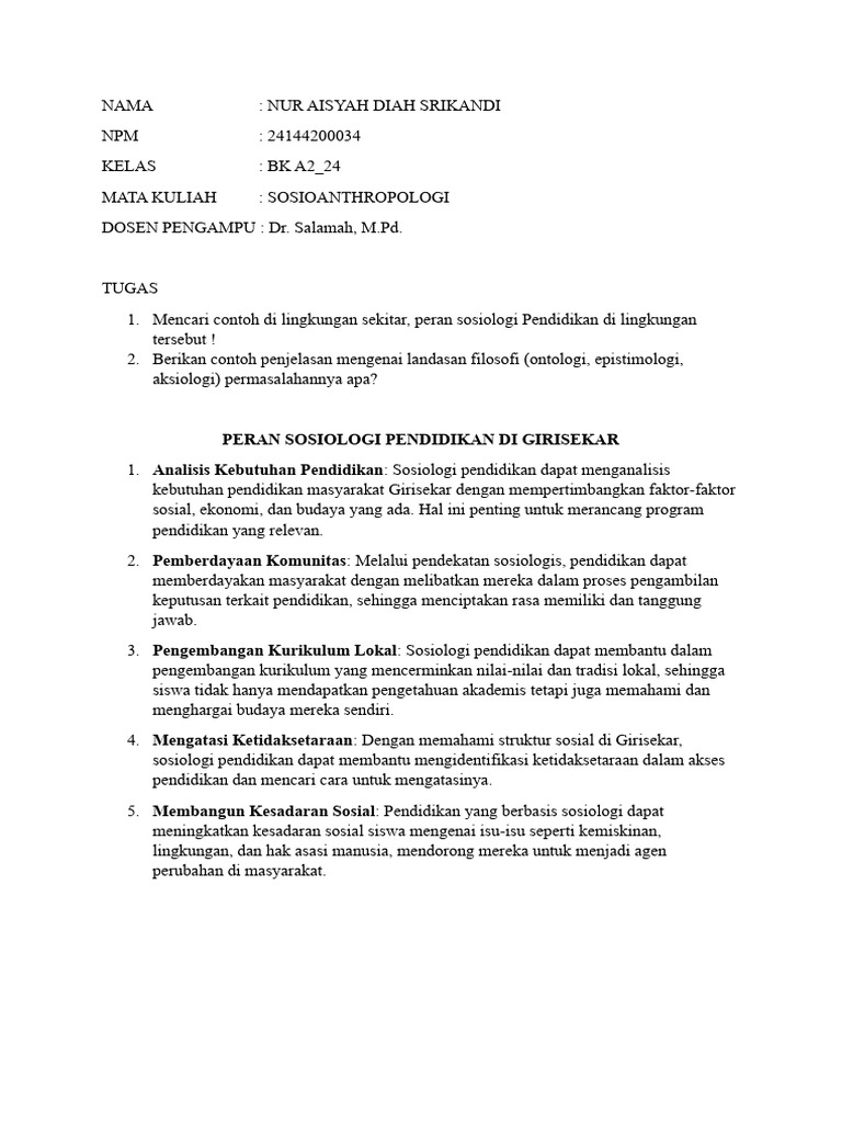 Peran Sosiologi Pendidikan Di Lingkungan | PDF