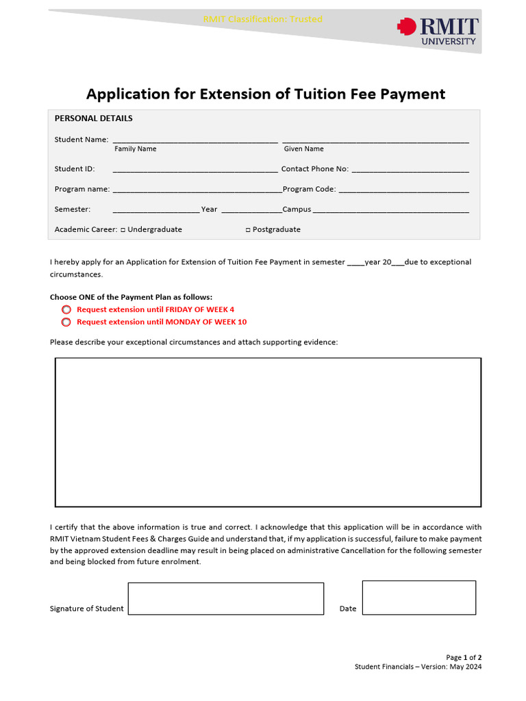 12W_Application for Extension of Tuition Fee Payment (1) | PDF