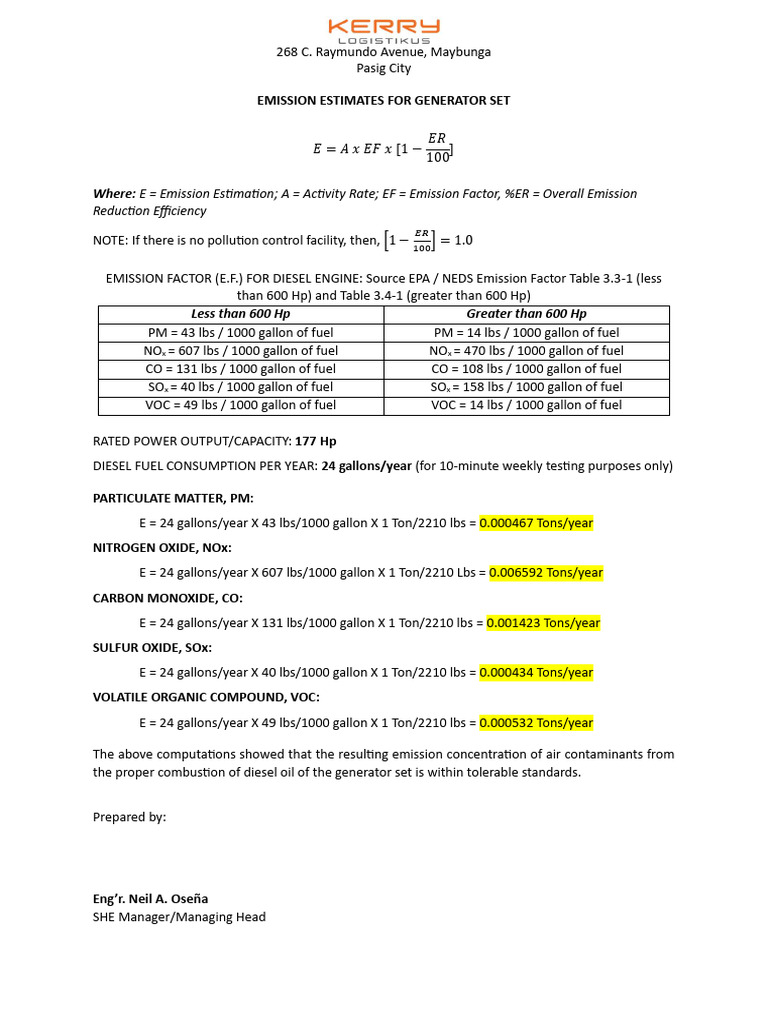 Diesel Generator Emission Estimates | PDF