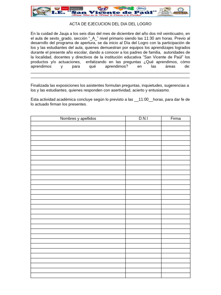 ACTA DE EJECUCION DEL DIA DEL LOGRO Diciembre | PDF