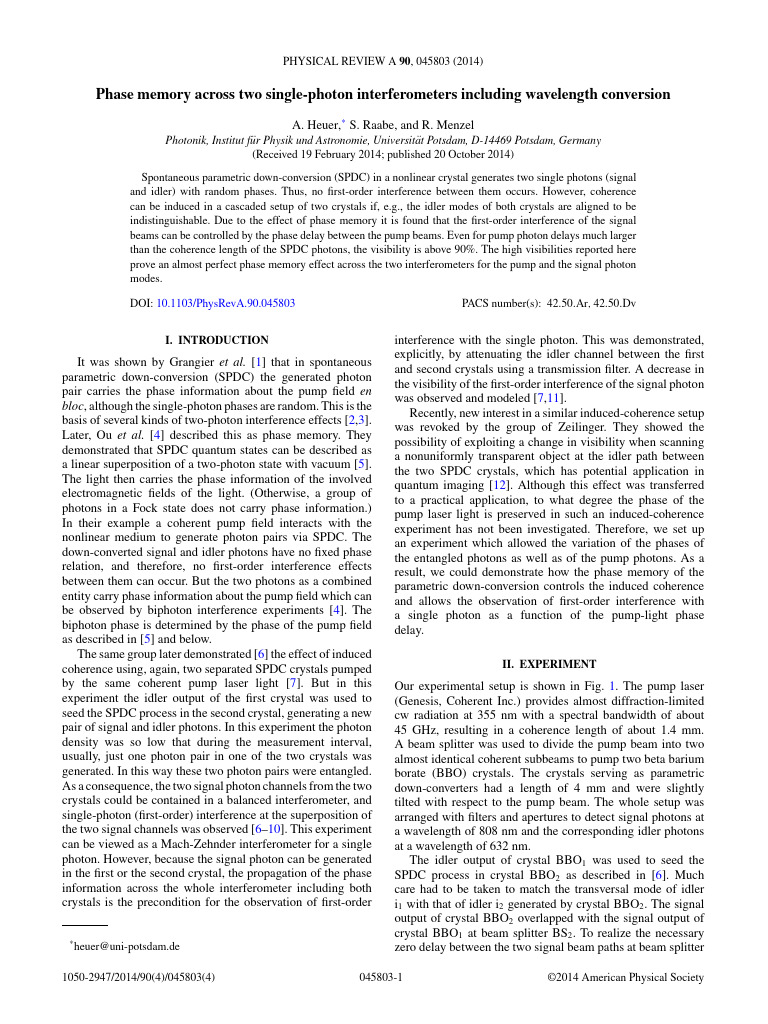 Phase Memory Across Two Single-Photon Interferometer | PDF | Interferometry | Coherence (Physics)