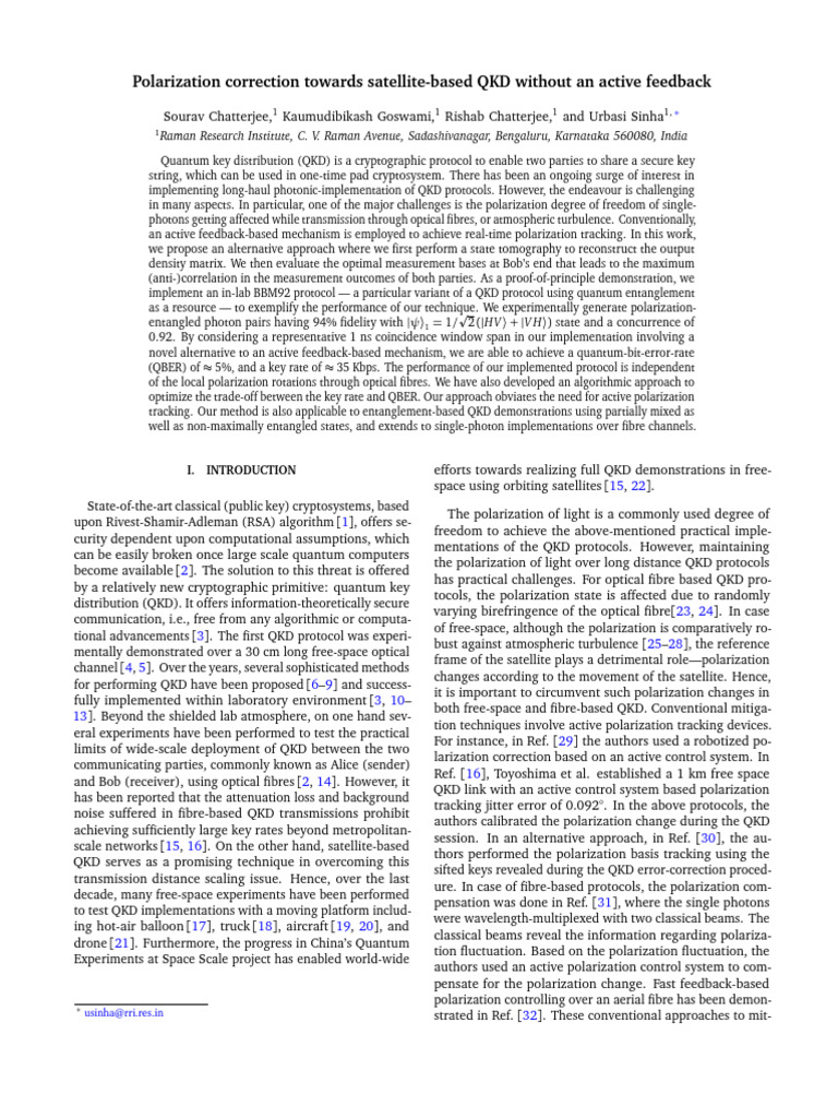 Polarisation_Correction Towards satellite_based QKDwithout active feedback | PDF | Quantum ...