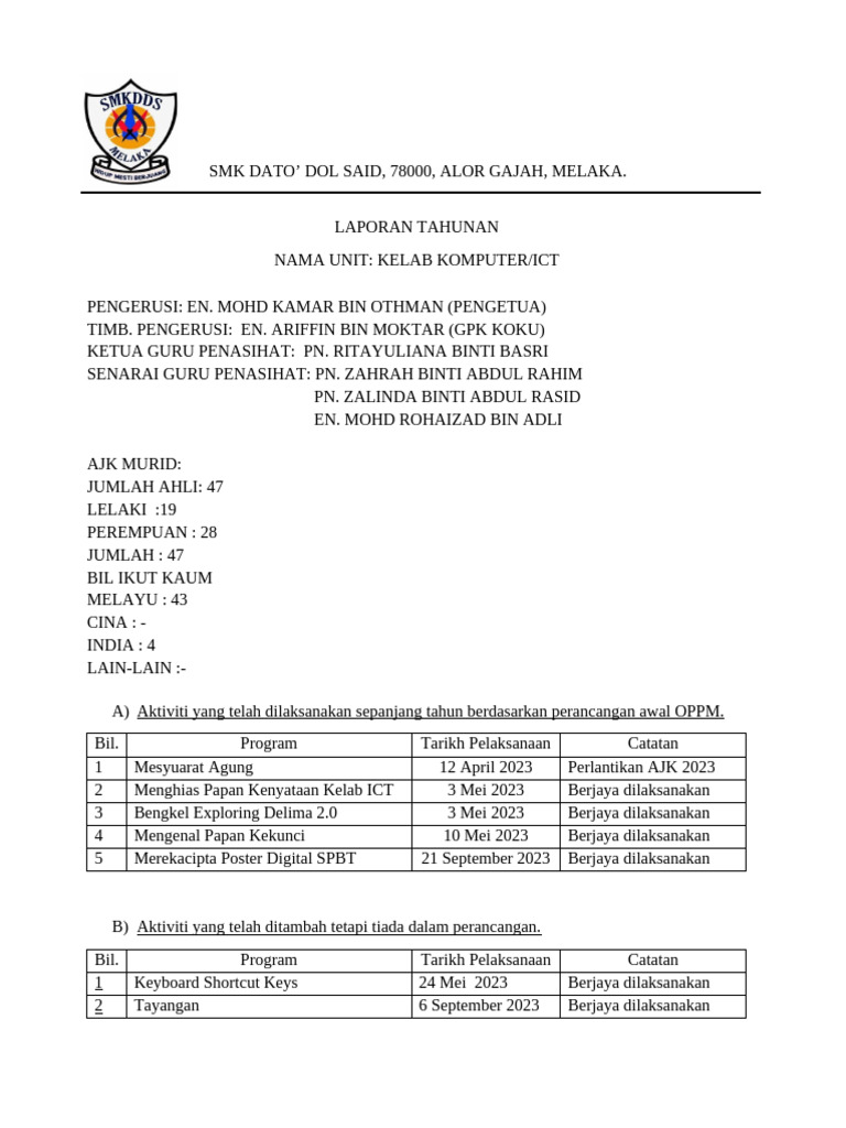 LAPORAN TAHUNAN KELAB ICT 2023 | PDF