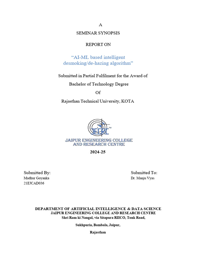 Ai-Ml For Desmoking and Dehazing Synopsis | PDF | Machine Learning | Artificial Intelligence