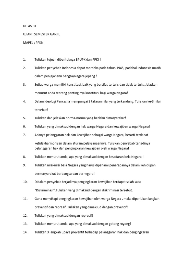 Soal Ujian PPKN Kelas X Semester 1 | PDF
