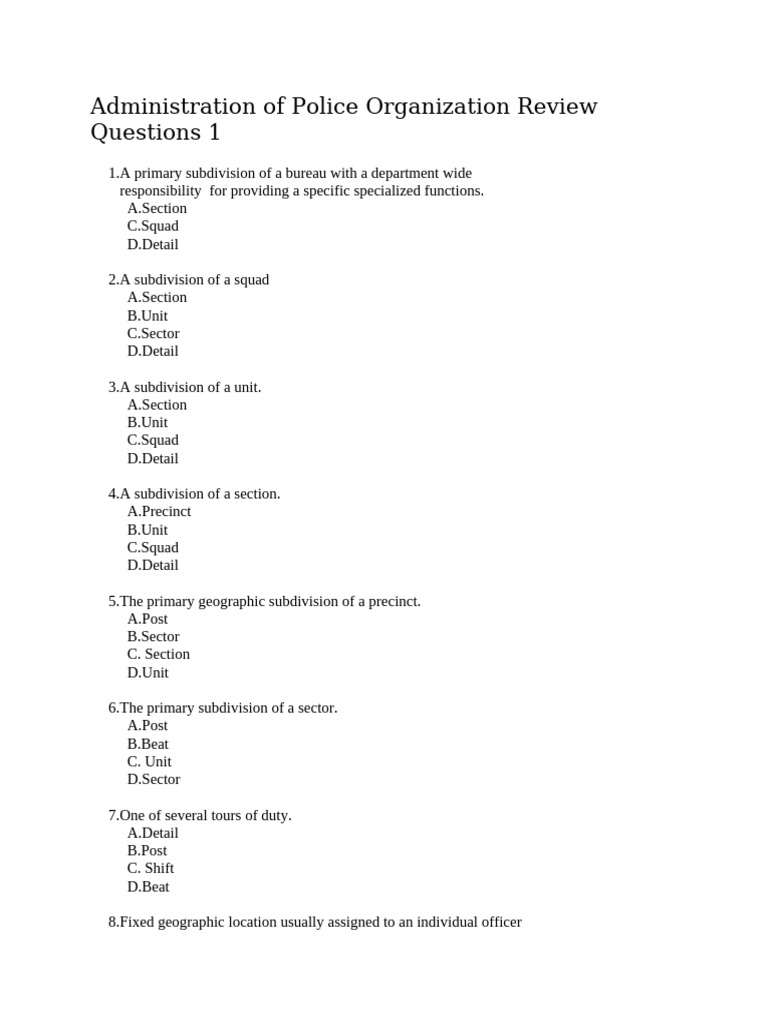 Administration of Police Organization Review Questions 1 | PDF