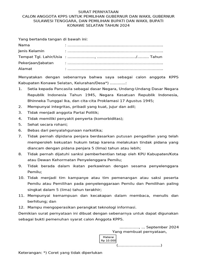 Surat Pernyataan Calon Anggota KPPS 2024 | PDF
