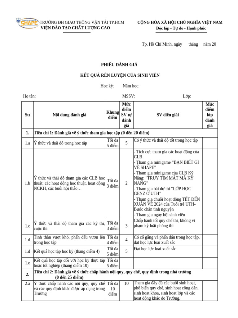 Mau Phieu SV Tu Danh Gia - MSSV - Ten | PDF