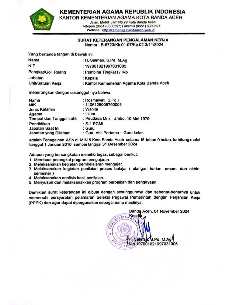 Surat Pengalaman Kerja Rosmawati | PDF