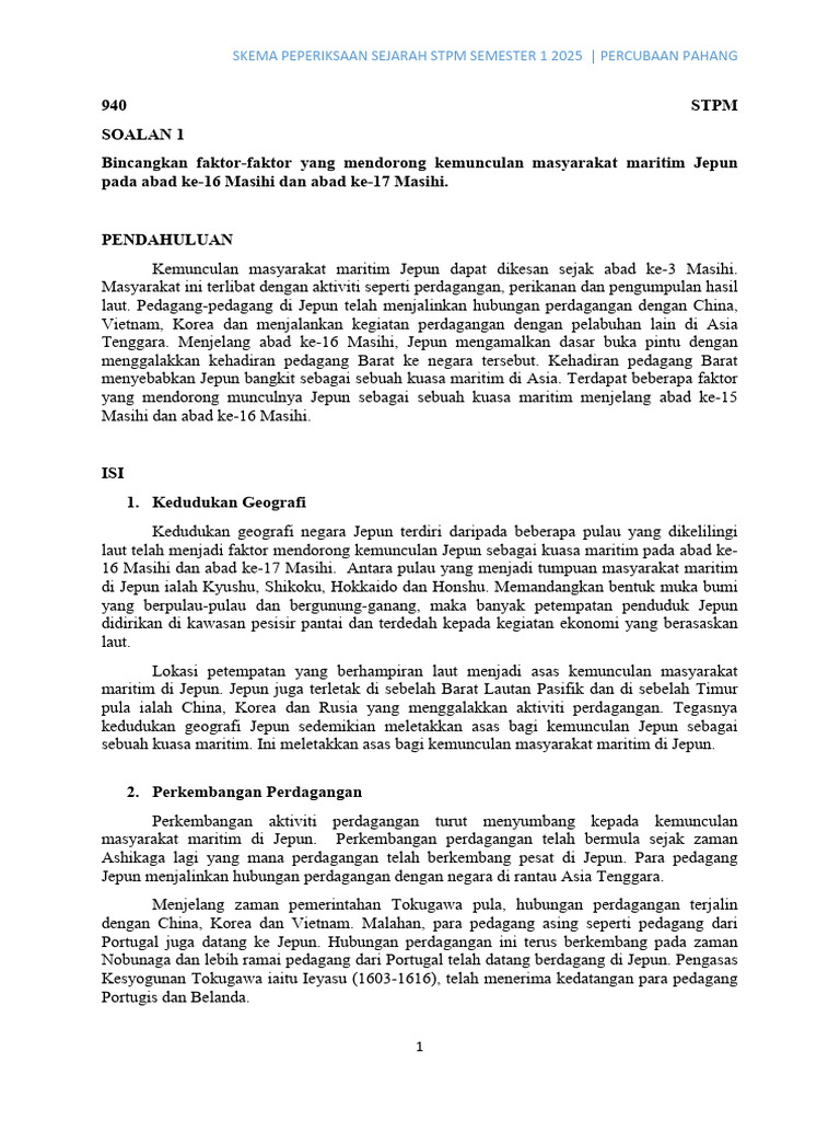 Skema Bina Item Peperiksaan Percubaan STPM Sej Sem 1 2025 2 | PDF