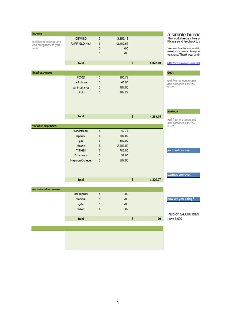 Free Budgeting Spreadsheet Tool | PDF | Debt | Personal Finance
