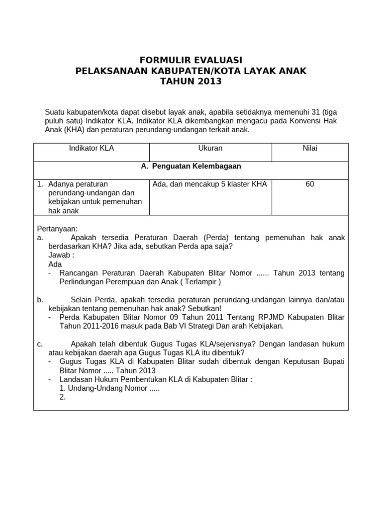 Formulir Evaluasi KLA | PDF