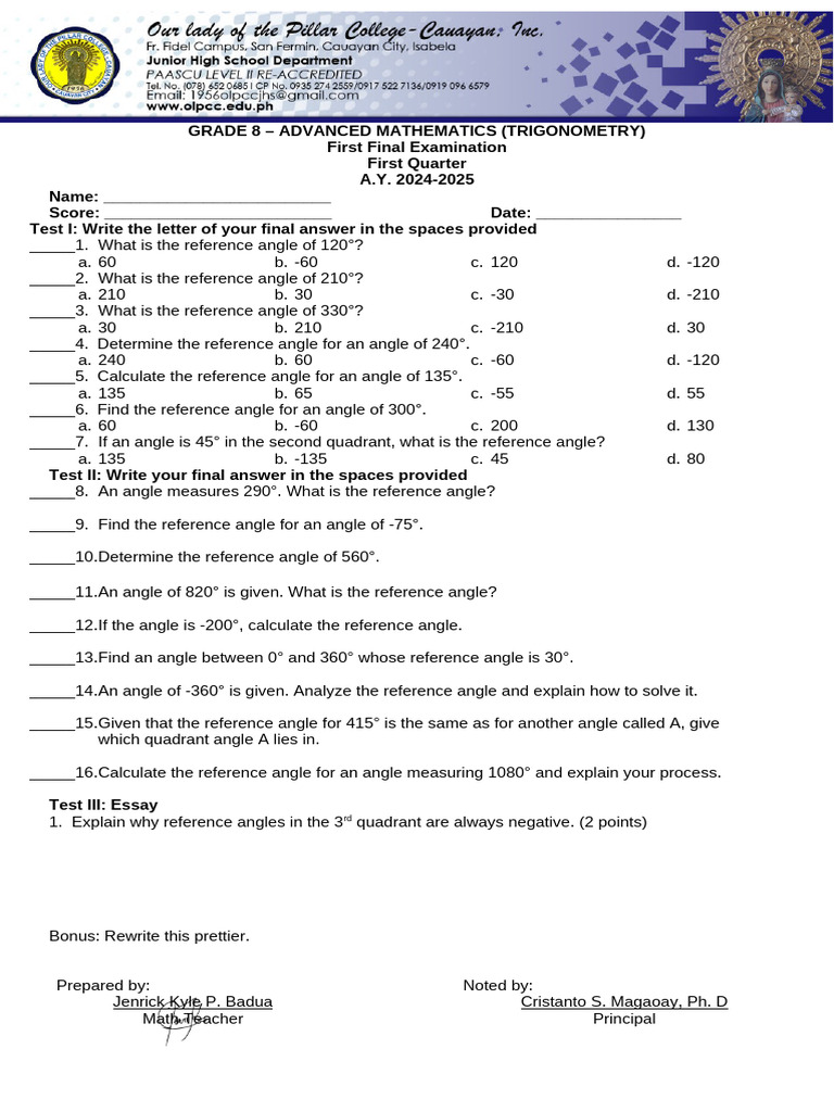 Trigo Final Exam | PDF | Angle | Trigonometry
