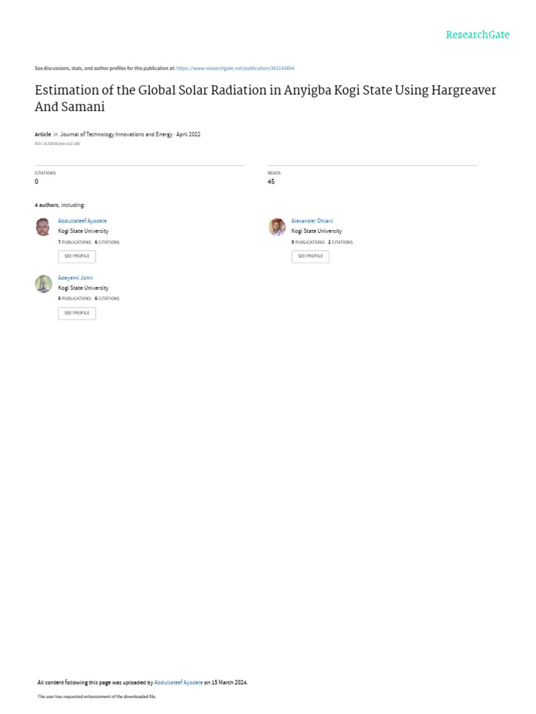 Estimation of The Global Solar Radiation in Anyigba Kogi State Using Angstrom-Prescott Model ...