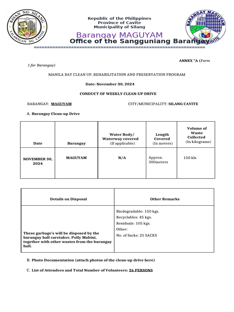 Barangay-Maguyam-2nd-Weekly-Clean-Up-Drive 2024-June | PDF | Human ...