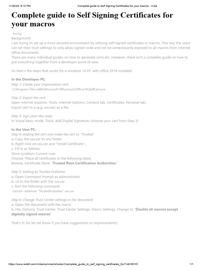 Complete guide to Self Signing Certificates for your macros _ r_vba | PDF