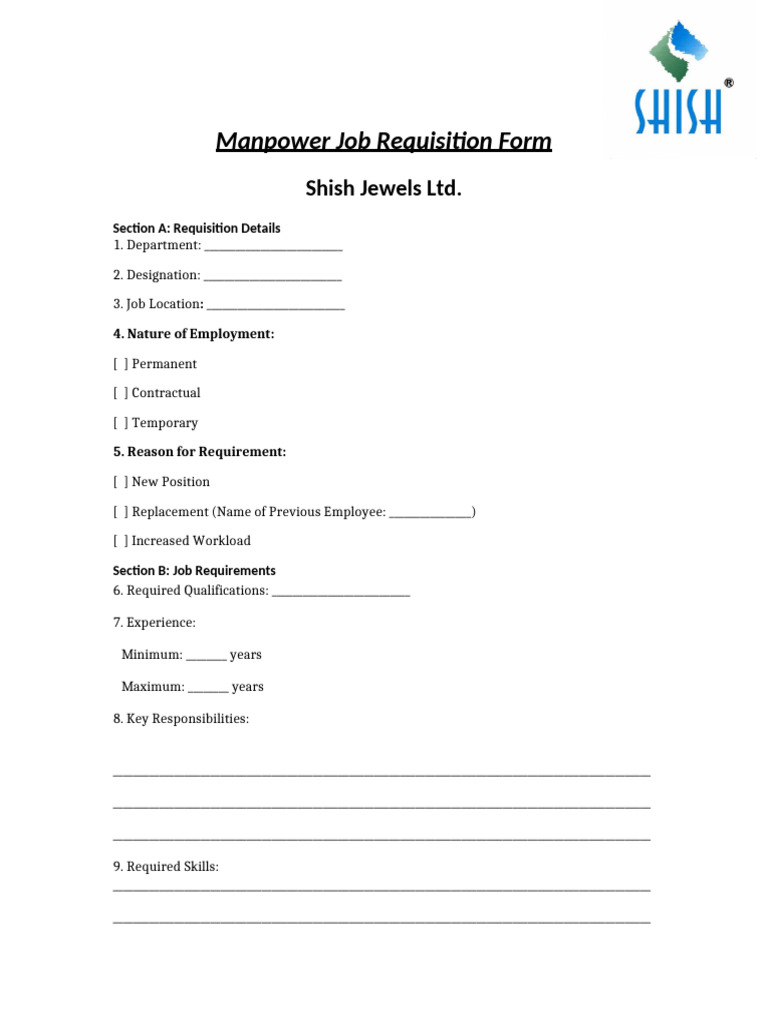 Manpower Job Requisition Form Shish Jewels | PDF