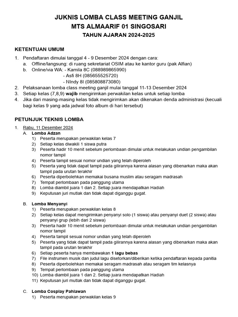 Juknis Lomba Class Meeting MTS 2024-2025 | PDF