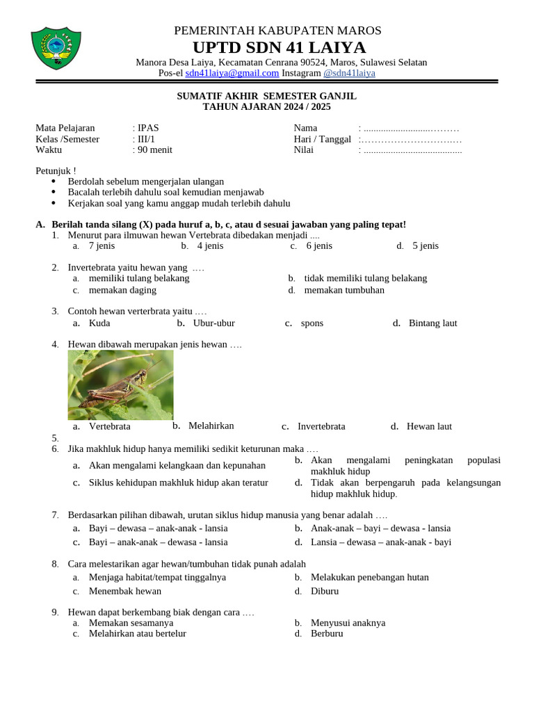 Soal Asas Ganjil IPAS Kelas 3 | PDF