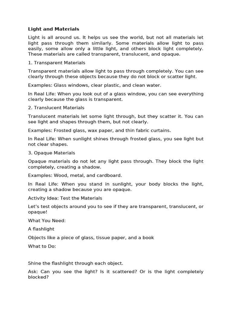 Light And Materials Grade 3 Science Pdf
