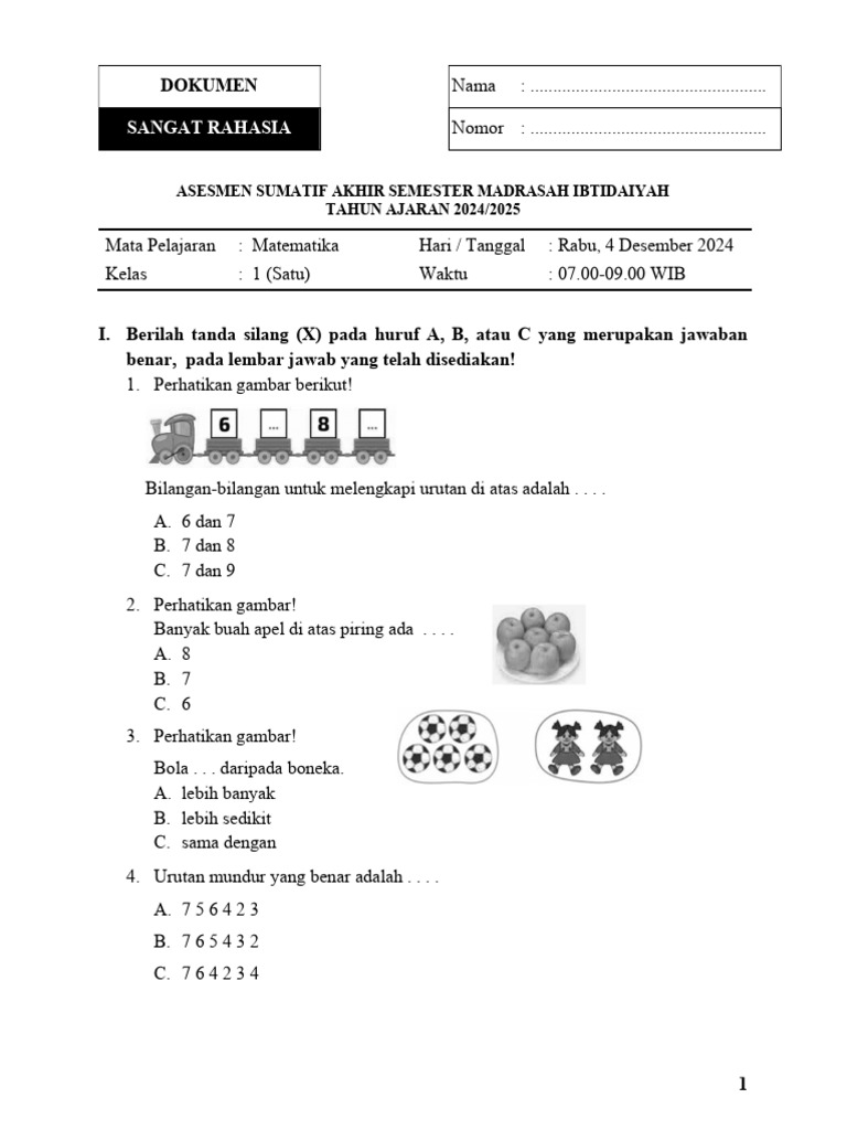 Soal Asas - 1 - MTK - Ta2024-2025 | PDF