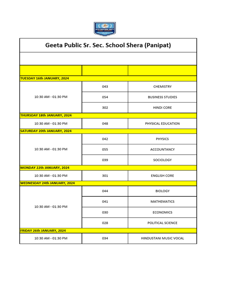 11th II Pre Board Date Sheet | PDF