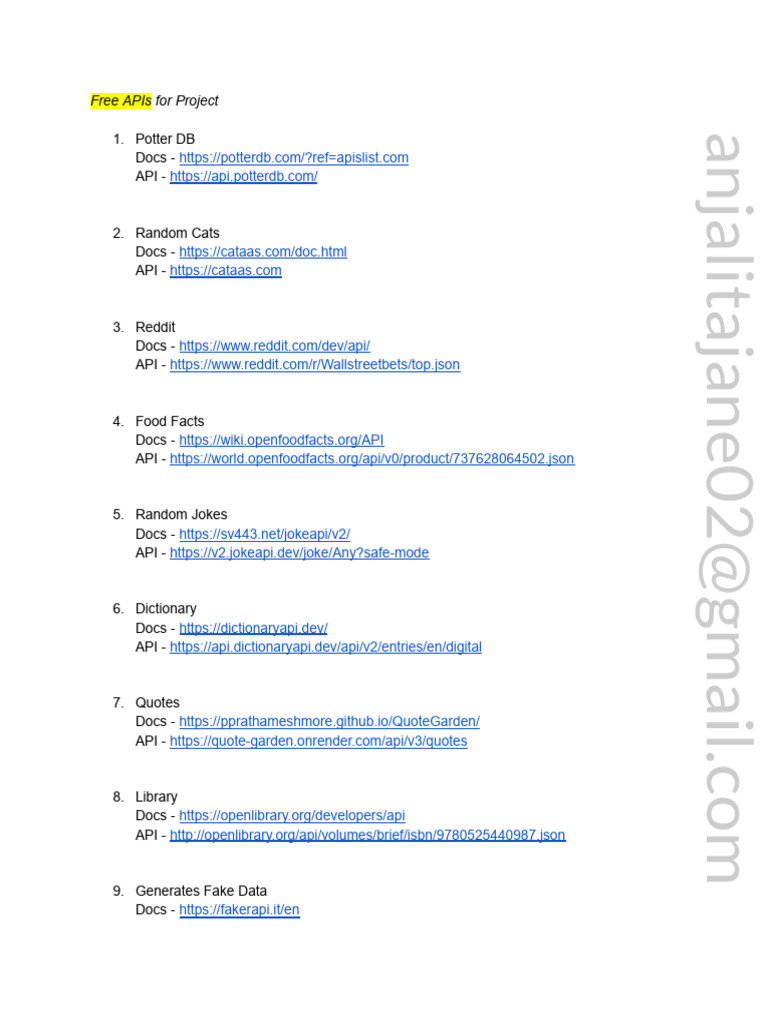 Free APIs for Project | PDF