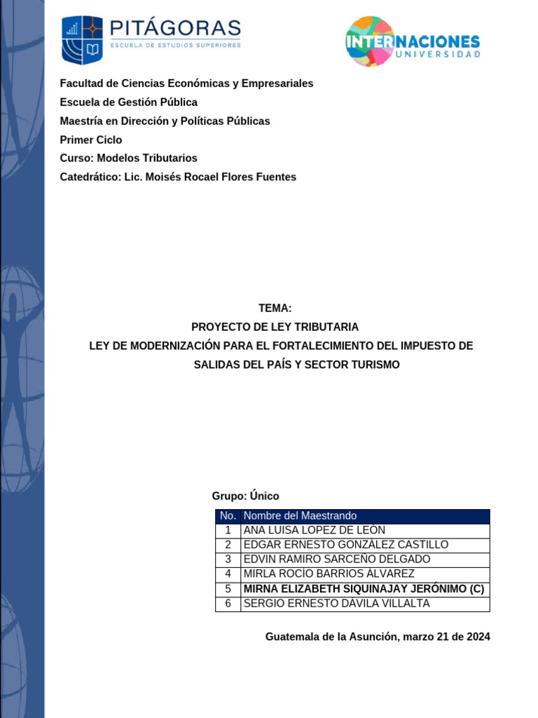 Trabajo en Grupo - Proyecto de Ley - Modelos Tributarios | PDF | Turismo | Guatemala