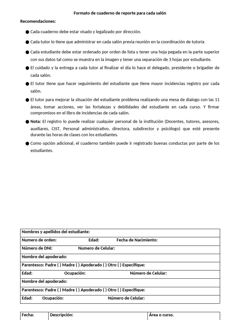 Formato de Cuaderno de Reporte en Horas de Clases | PDF