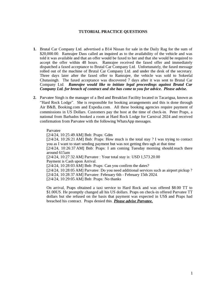 Tutorialpracticequestions - Business Law | PDF