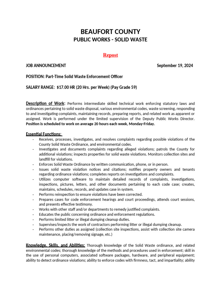 PT Solid Waste Enforcement Officer 91924 | PDF | Municipal Solid Waste ...