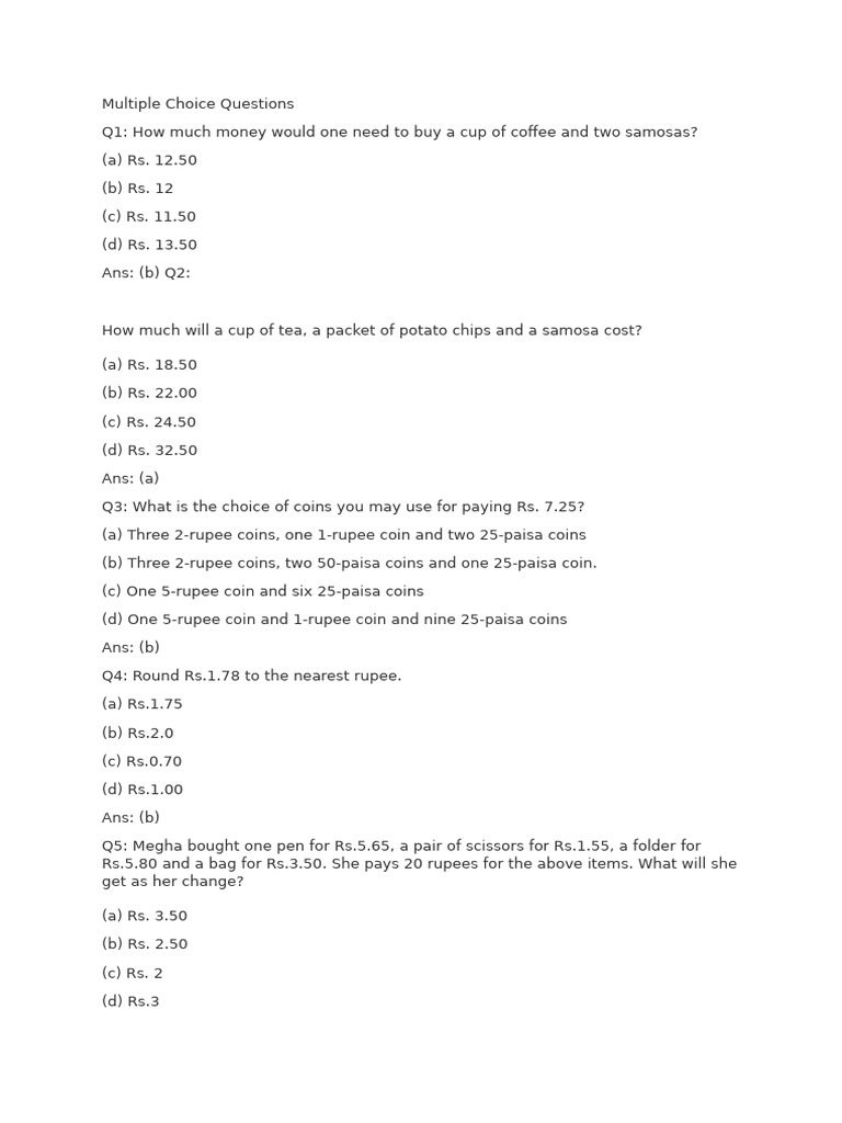 Multiple Choice Questions Decimal | PDF