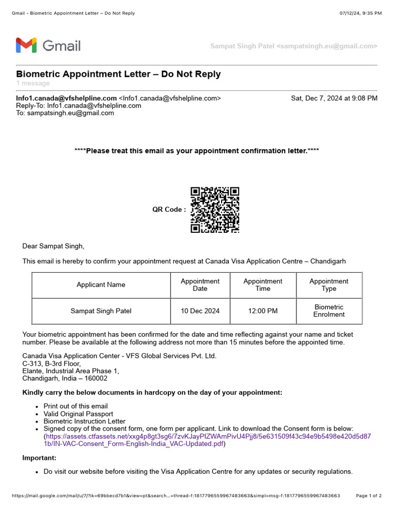 Biometric Appointment Confirmation Email | PDF | Government And Personhood