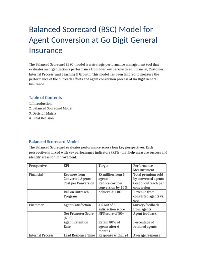 Balanced Scorecard Agent Conversion Go Digit | PDF | Performance ...