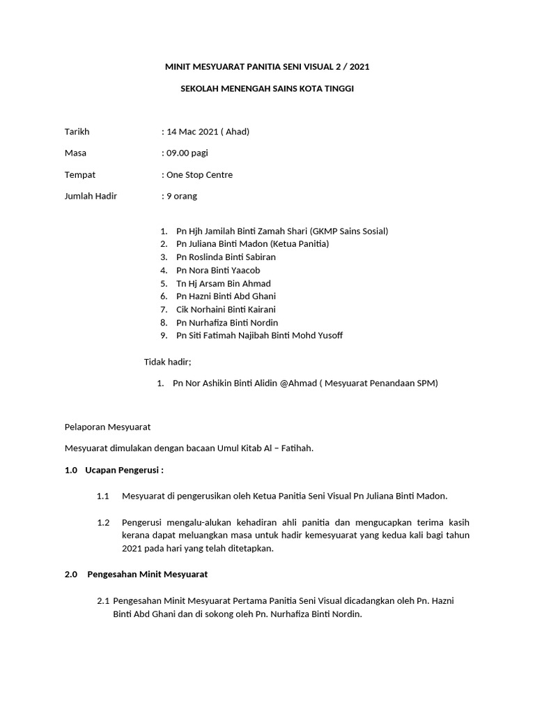 Minit Mesyuarat Panitia Seni Visual 2 - 2021 | PDF