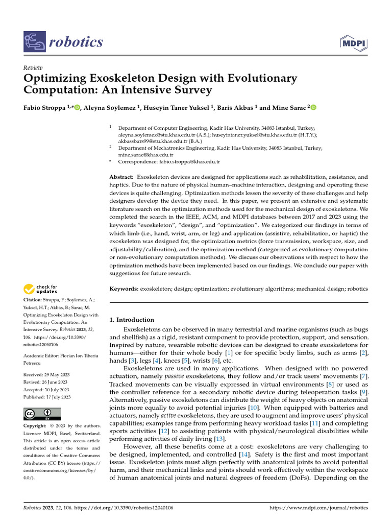Optimizing Exoskeleton Design with Evolutionary Computation - An Intensive Survey | PDF ...