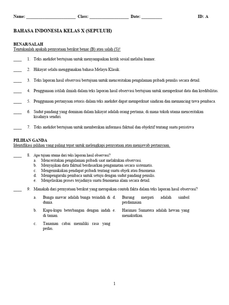 SOAL DAN JAWABAN_PSAS_BAHASA INDONESIA_KELAS X_SEMESTER GANJIL_KELAS X_24-25 | PDF