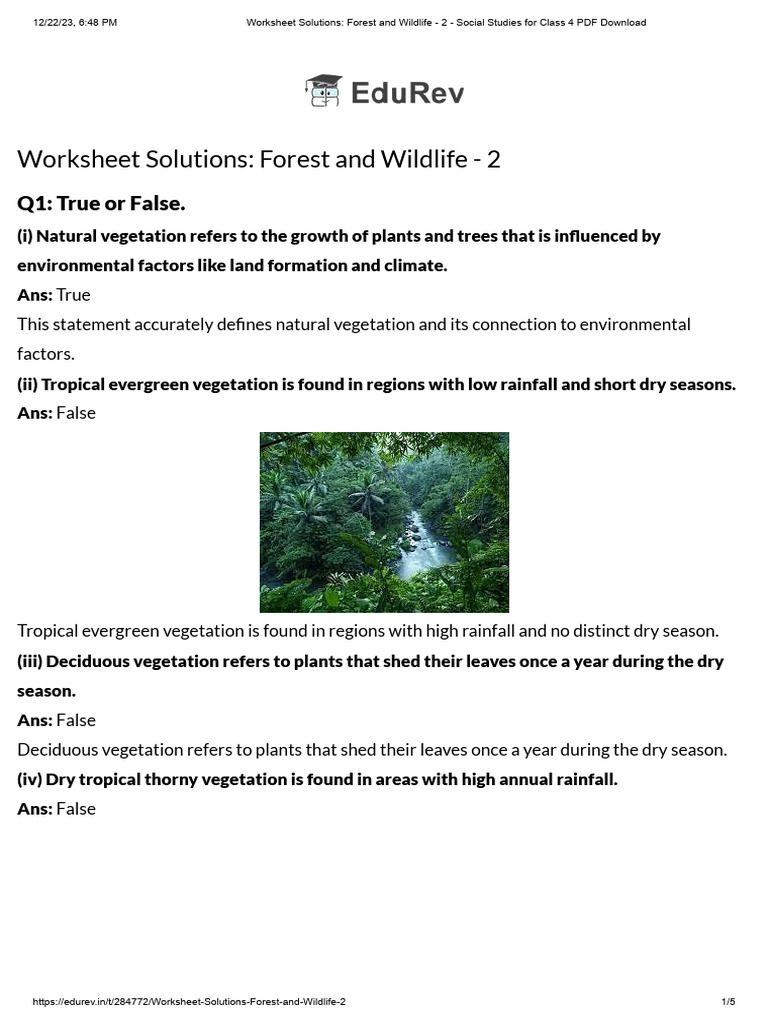 Worksheet Solutions - Forest and Wildlife - 2 - Social Studies For ...