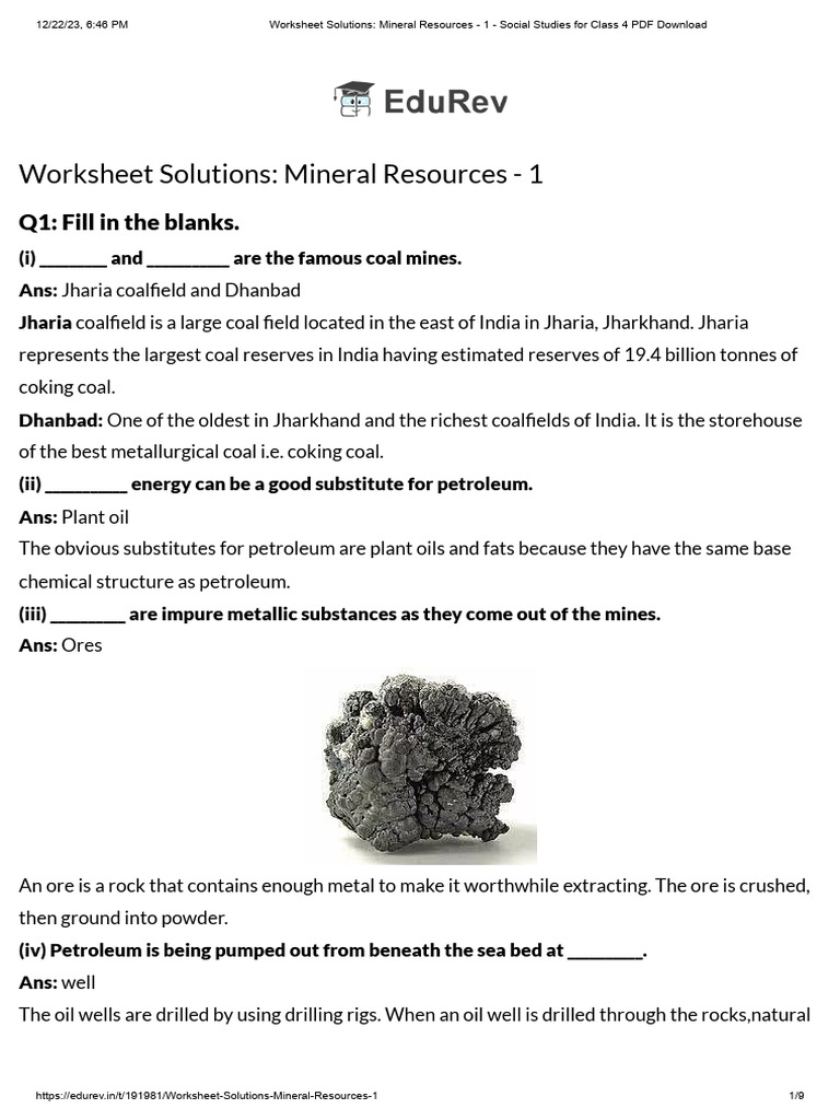 Mineral Resources Worksheet for Class 4 | PDF | Petroleum | Mining