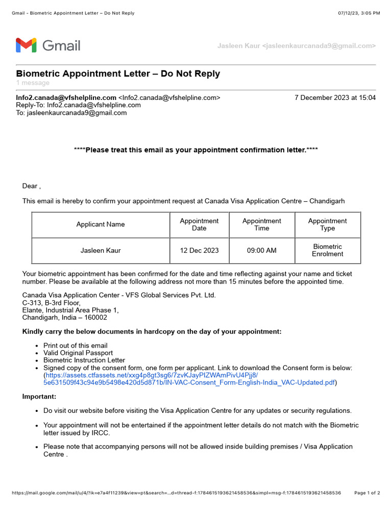Gmail - Biometric Appointment Letter – Do Not Reply | PDF | Government ...