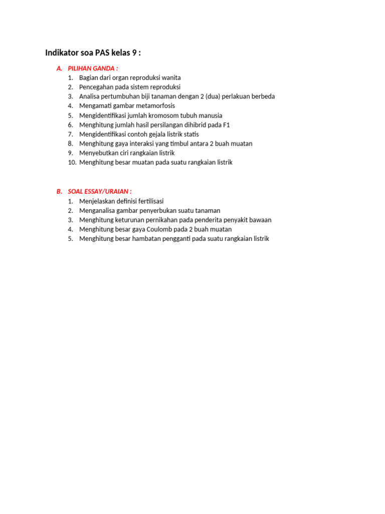 Indikator Soa PAS Kelas 9 | PDF