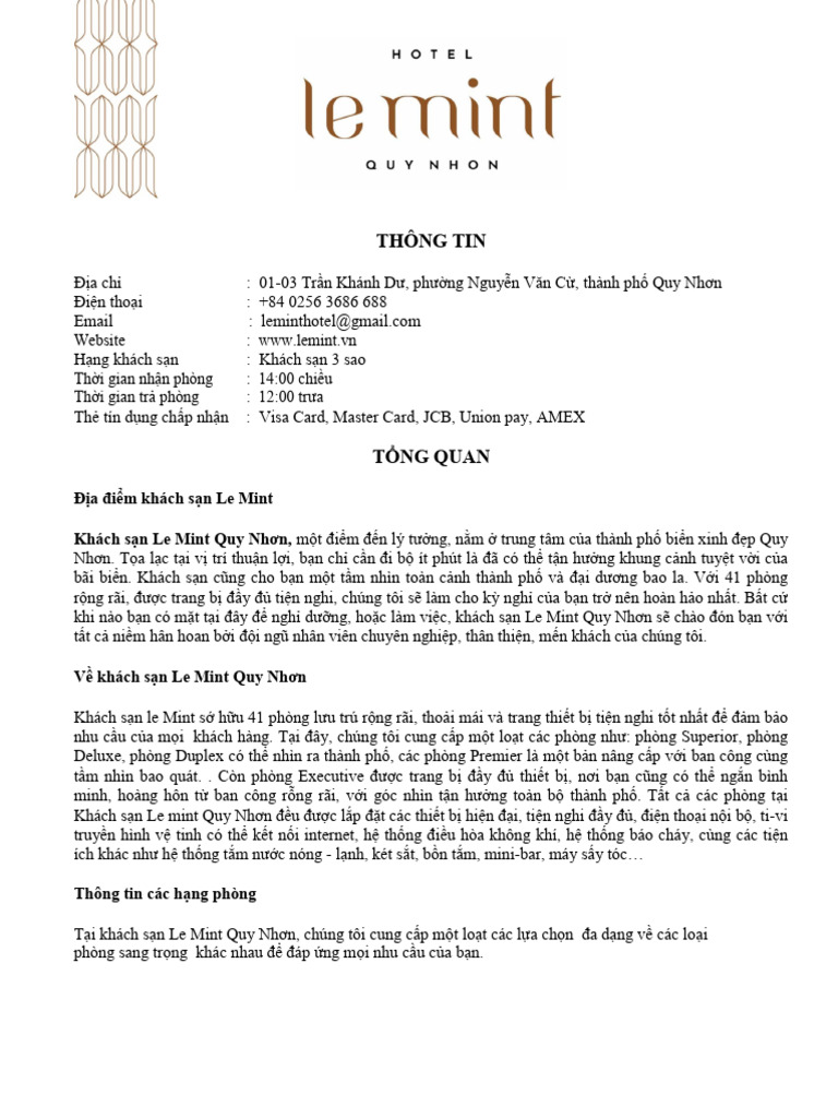 Thông Tin Tổng Quan Le Mint Hotel | PDF