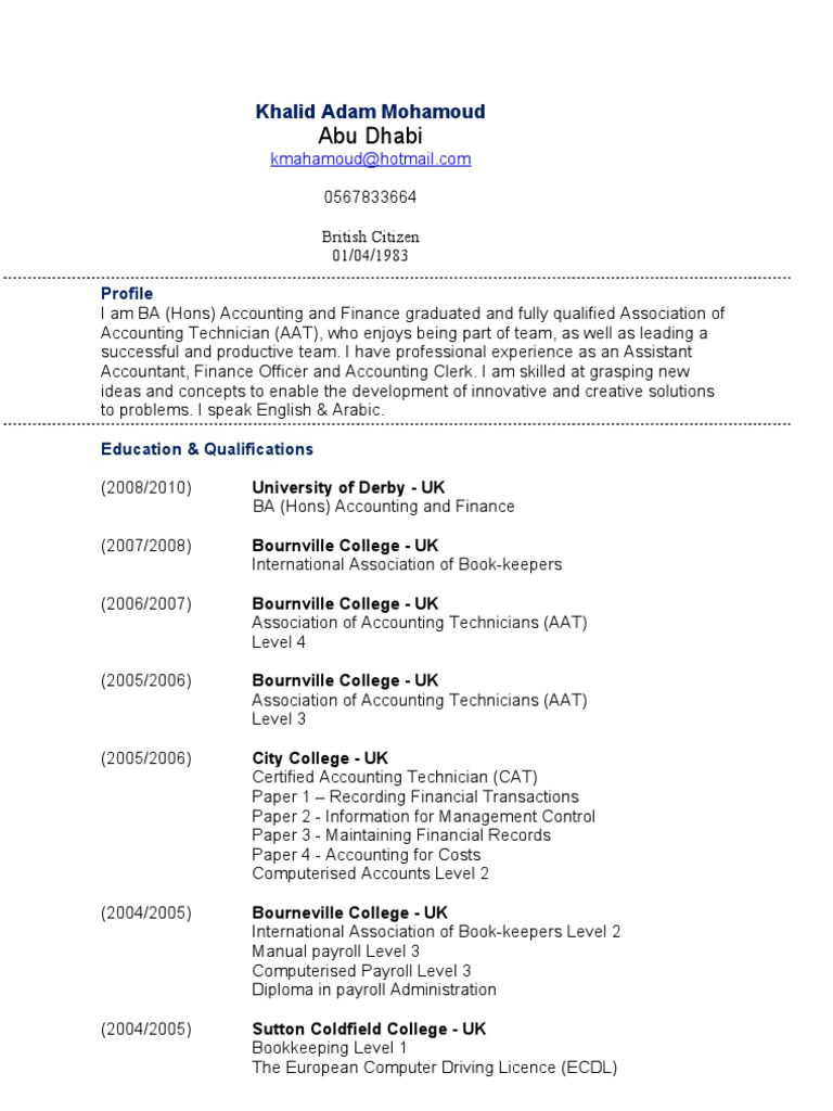 Accountant CV Khalid | PDF | Bookkeeping | Business Economics