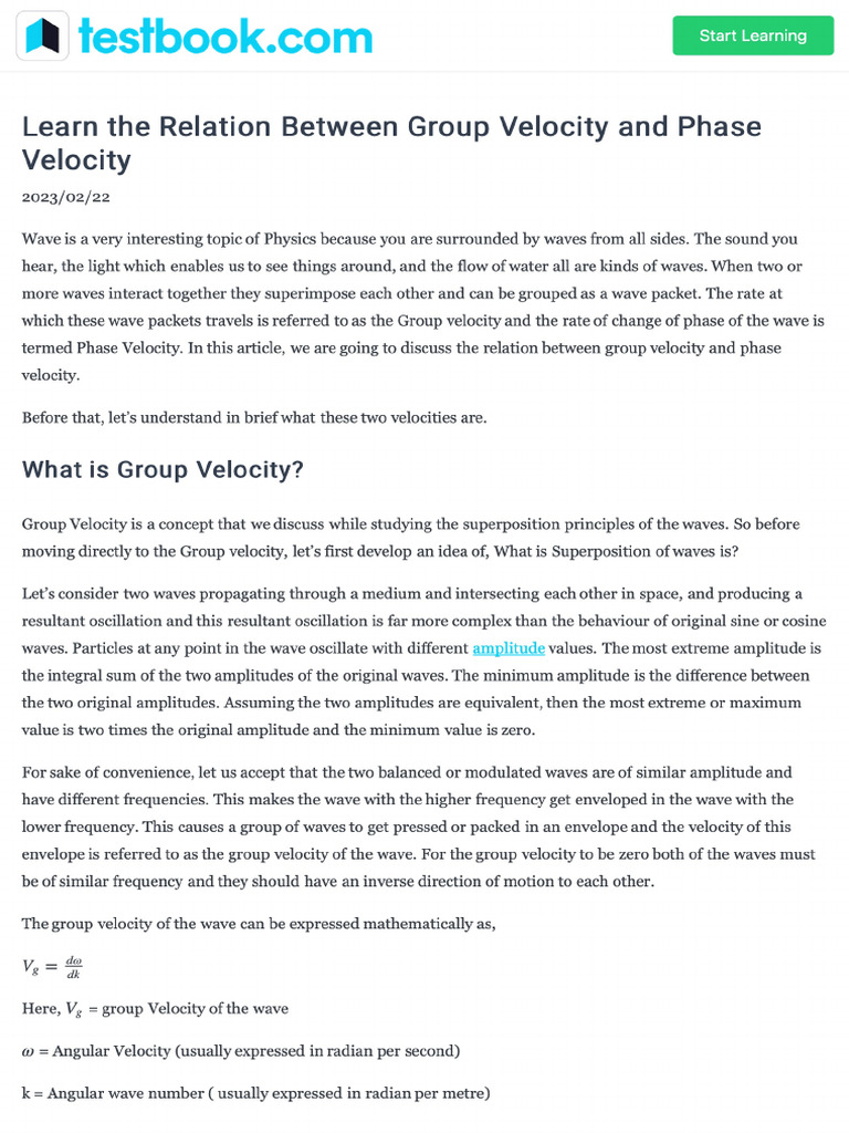 Physics Relation Between Group Velocity and Phase Velocity.pdf | PDF Physics Relation Between Group Velocity and Phase Velocity.pdf | PDF