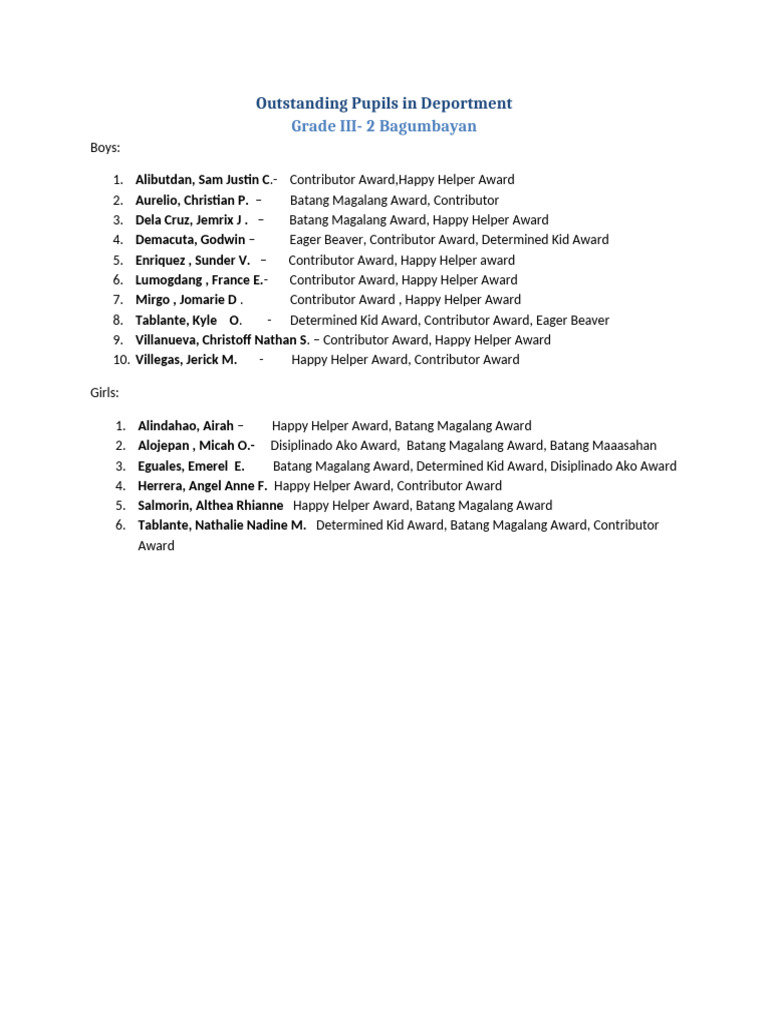 Deportment Grade 3 Bagumbayan 2023-2024 | PDF